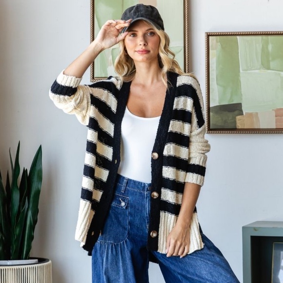 Veveret | Sweaters | Striped Black And Cream Cardigan | Poshmark